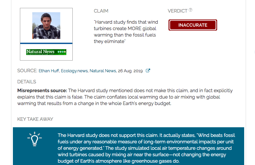 False claim that wind turbines generate more global warming than fossil ...